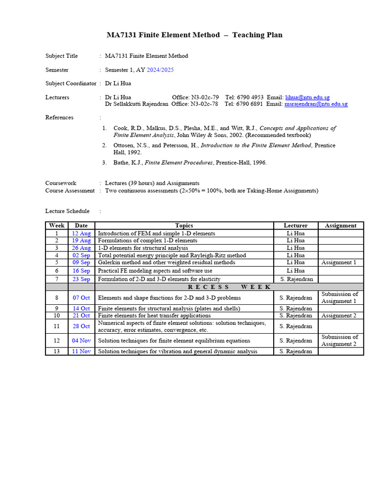 MA7131 TeachingPlan S1-AY2024-2025 | PDF | Finite Element Method | Structural Analysis