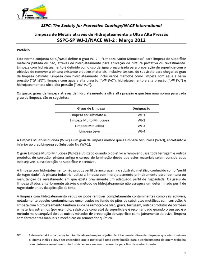 SSPC SP WJ 2 NACE WJ 2 FPI P Hidrojateamento Ultra Alta PressAo | PDF | Corrosão | Motor a jato