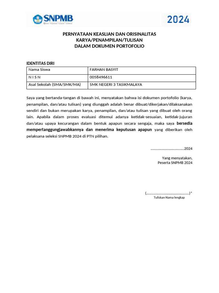Pernyataan Keaslian Portofolio Farhan | PDF