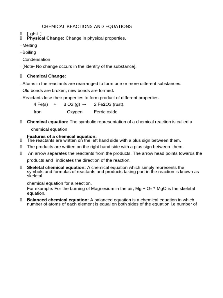 Chemical Reactions and Equations - Notes1 | PDF | Chemical Reactions ...