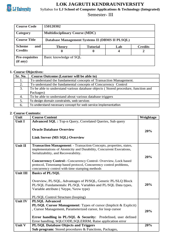 Database Management Systems II Syllabus | PDF | Pl/Sql | Databases