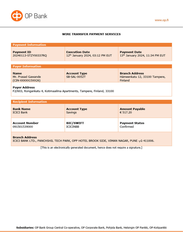 Wire Transfer Confirmation | PDF