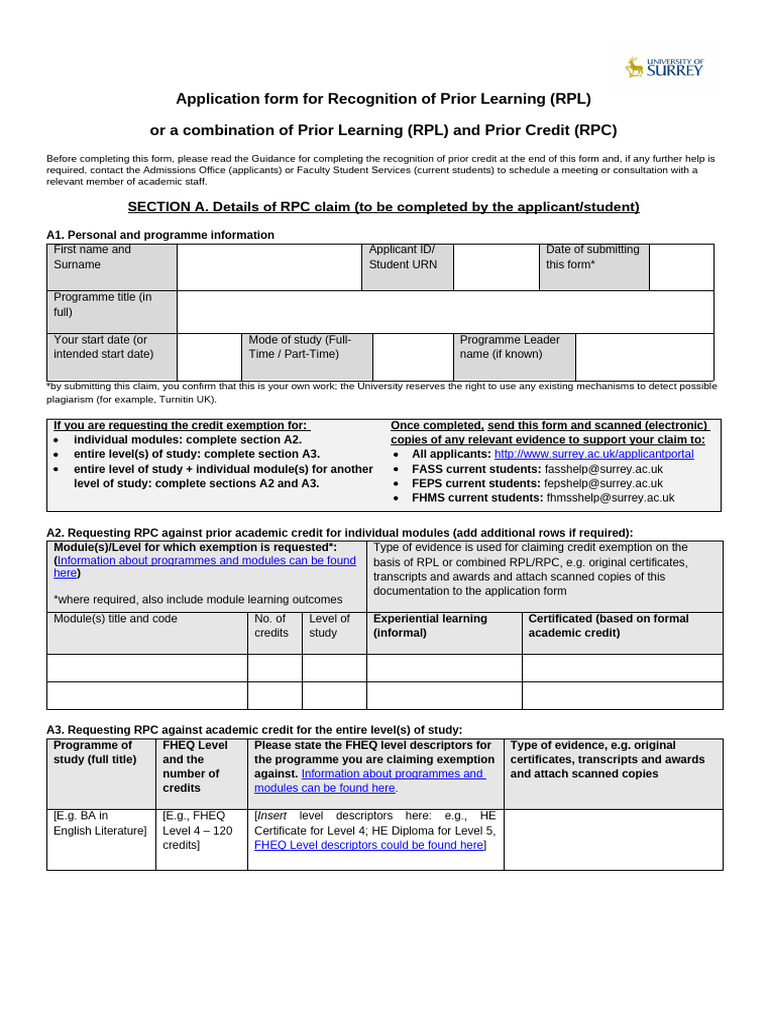 Application Form Recognition Prior Learning or Combination of RPL RPC ...
