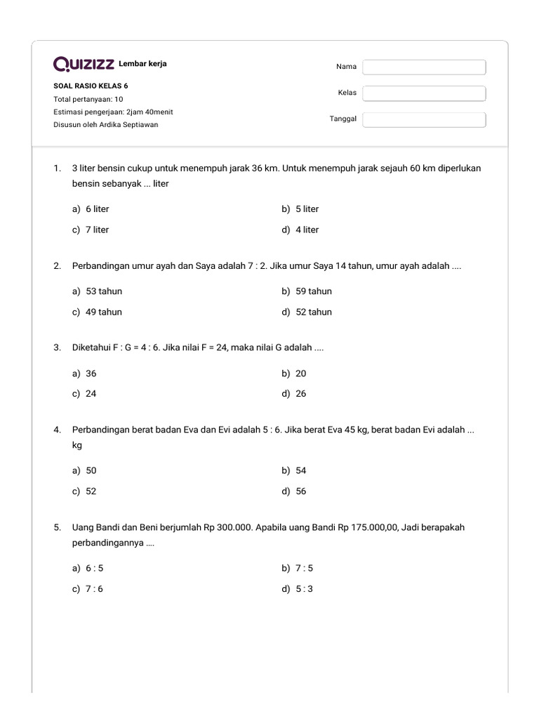 SOAL RASIO KELAS 6 - Quizizz | PDF