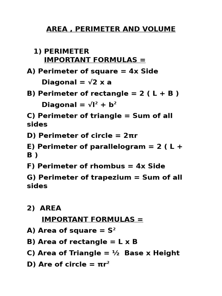 Area Perimeter Maths (Sainik School) CH-10 | PDF