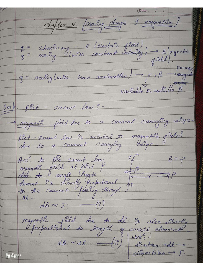 Moving Charges and Magnetism Handwritten Notes | PDF