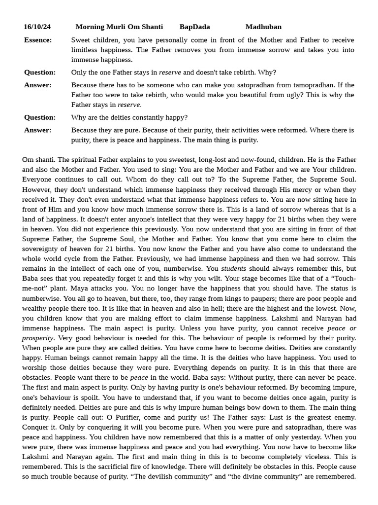 murli-2024-10-16 | PDF | Soul | Heaven