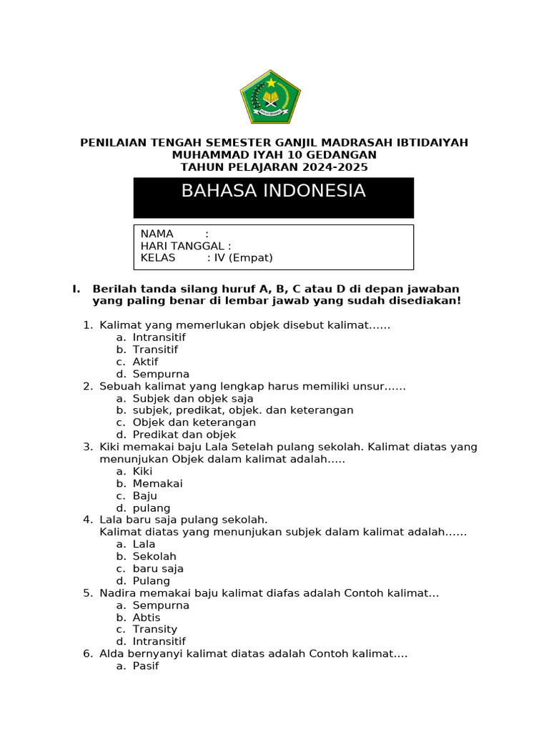 Soal B. Indo Kelas 4 | PDF