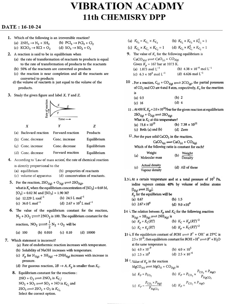 11th Chemistry DPP (16!10!24) | PDF | Chemical Equilibrium | Analytical Chemistry