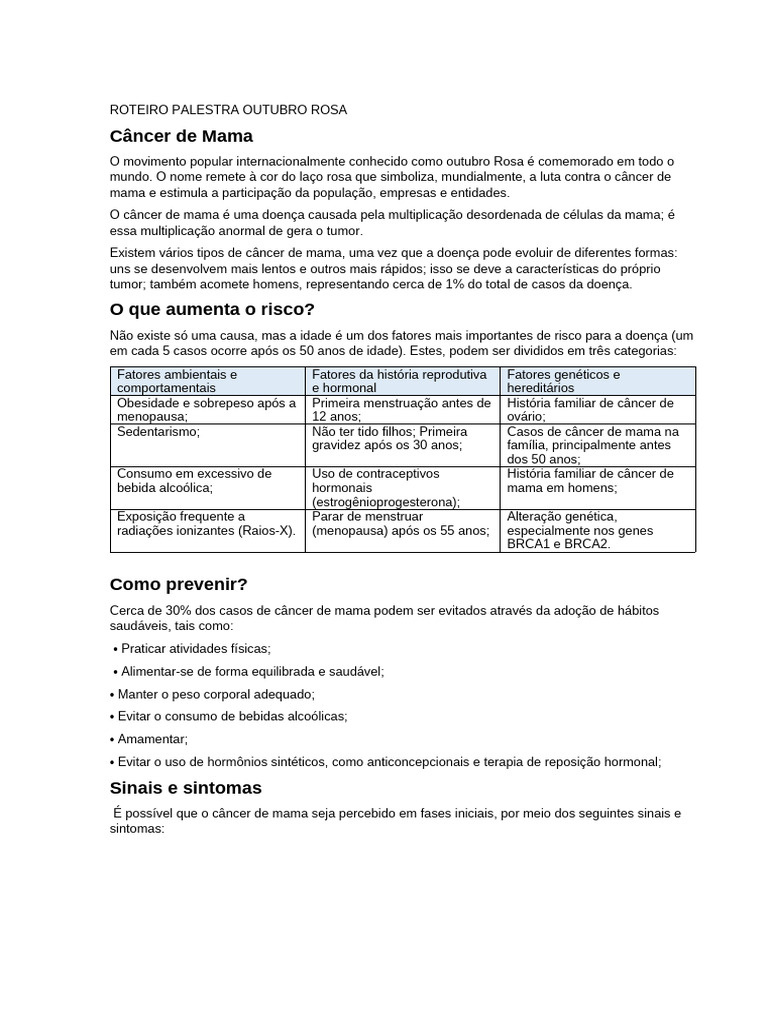 ROTEIRO PALESTRA OUTUBRO ROSA | PDF | Câncer | Câncer de mama