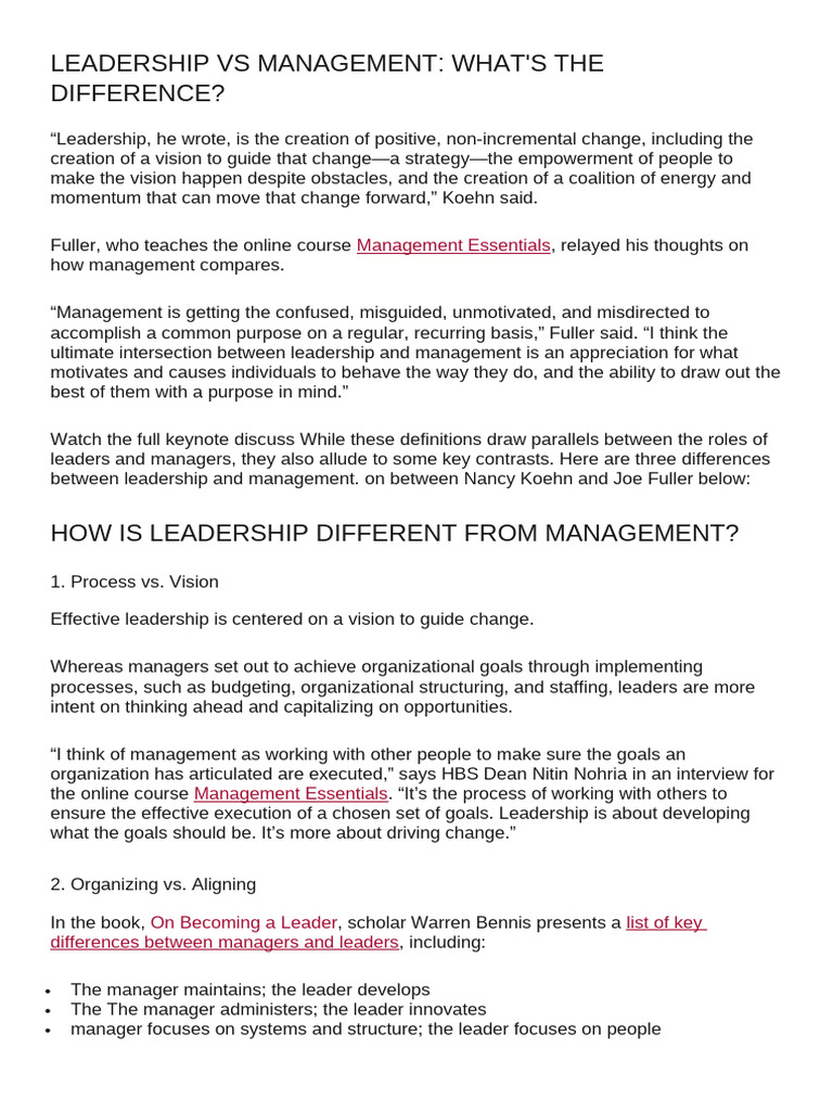Leadership Vs Management | PDF | Leadership | Transformational Leadership