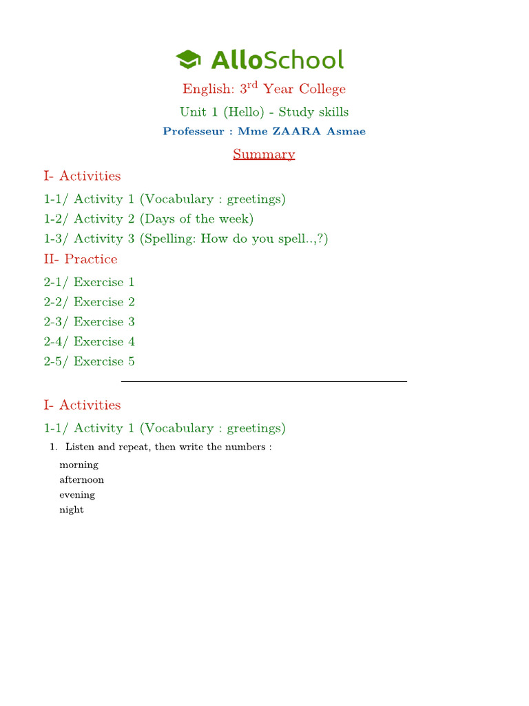 Unit 1 Hello Study Skills | PDF
