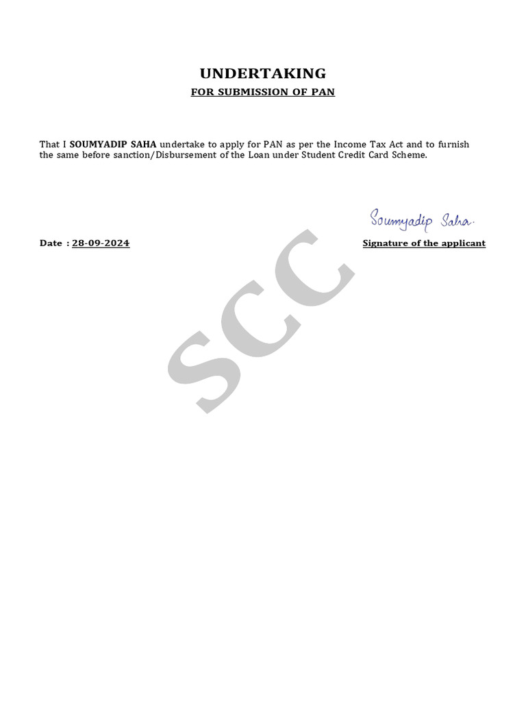 PAN Undertaking for Student Loan | PDF | Business | Law