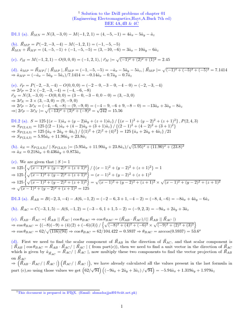Chapter 01 Drill Solution by Hayt 7th 8t | PDF | Scalar (Mathematics) | Euclidean Geometry