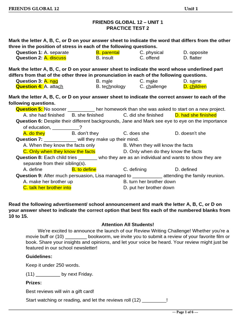 Global Friends 12 Unit 1 Practice Test | PDF | Artificial Intelligence ...
