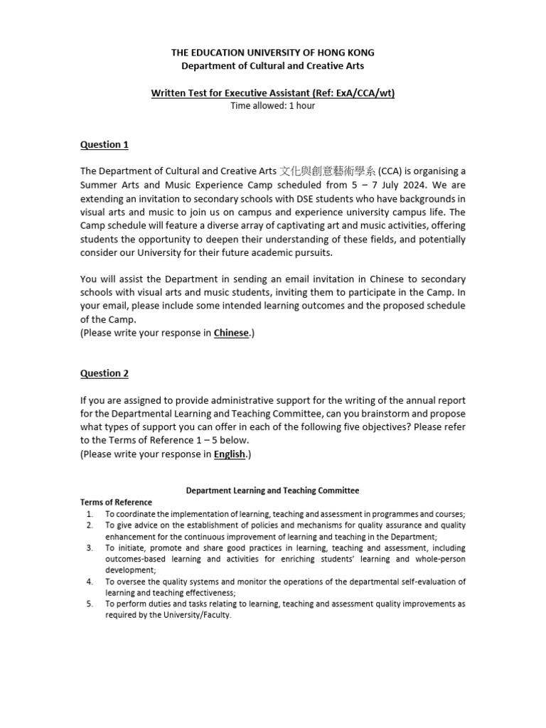 Executive Assistant Written Test Guide | PDF | Foreign Language Studies