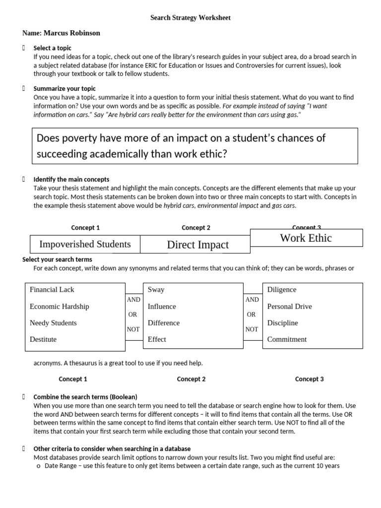 Marcus Search Strategy Worksheet | PDF | Academic Journal | Databases