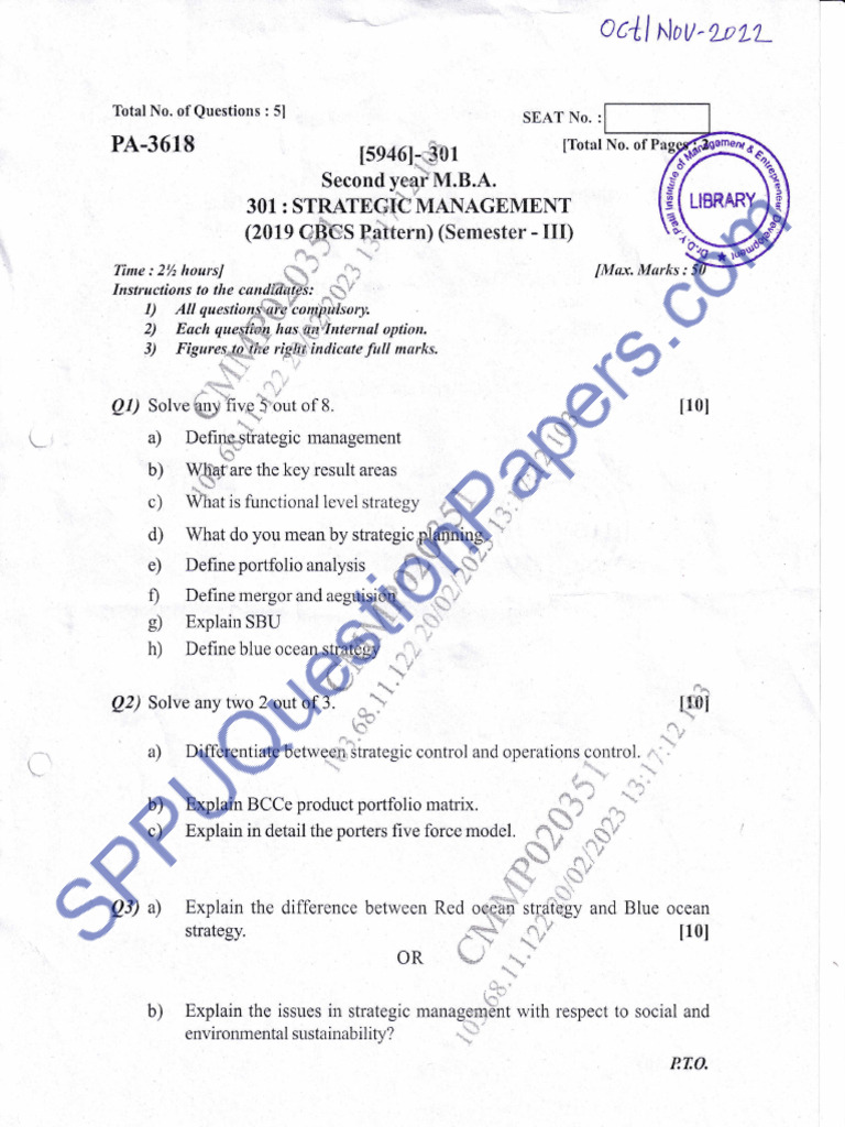 Postgraduate PG Mba Semester 3 2022 November Strategic Management ...