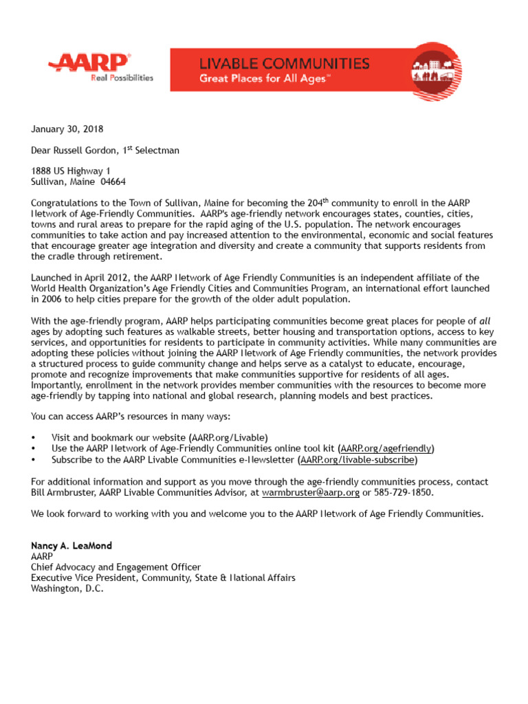 AARP NAFC Welcome Letter 204 Sullivan ME 1-30-18 Unsigned | PDF
