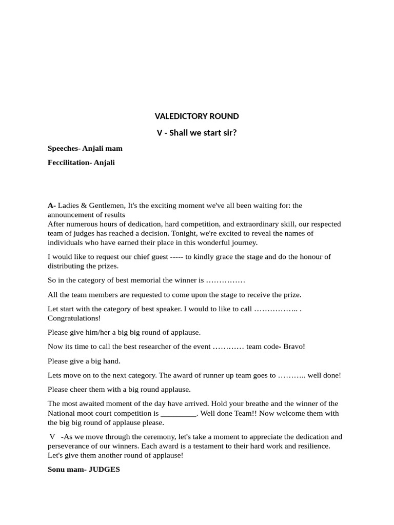 Valedictory ANCHORING SCRIPT FOR NATIONAL MOOT COURT COMPETITION | PDF