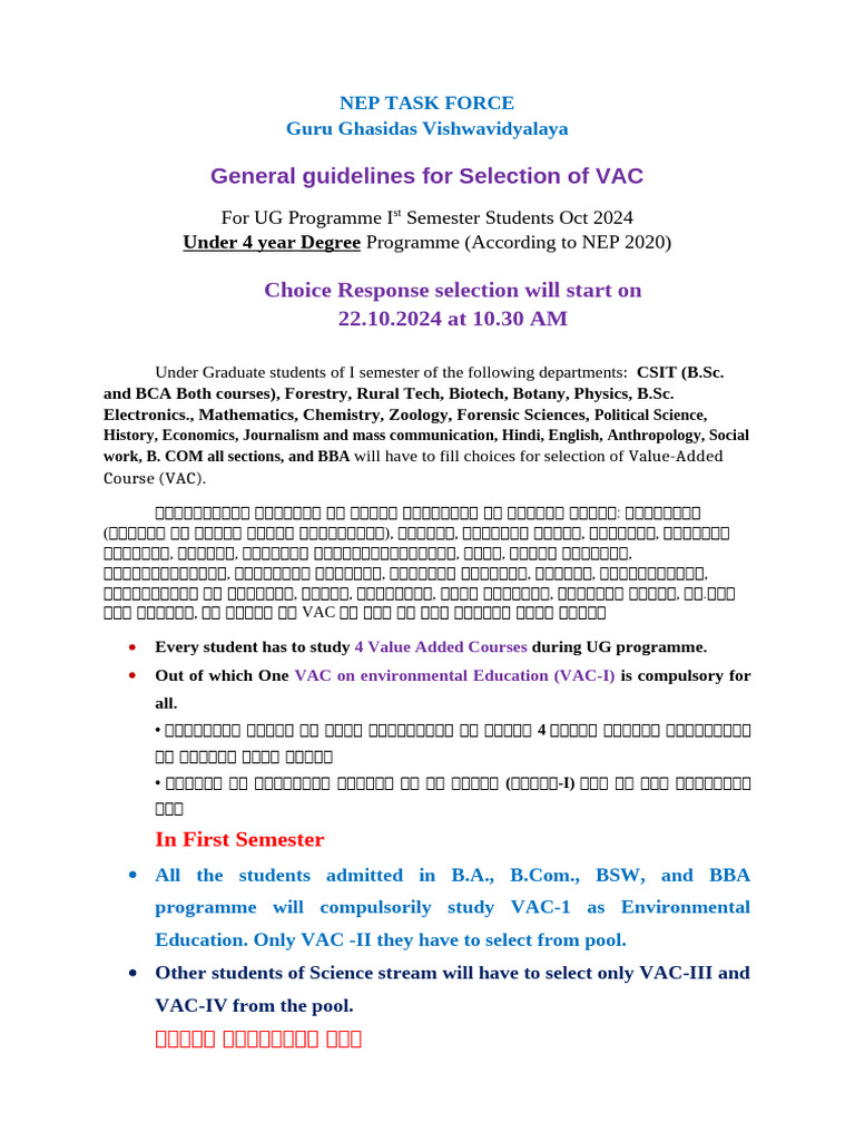 VAC Selection Ist Sem NEP Oct 2024 Final Guidelines | PDF