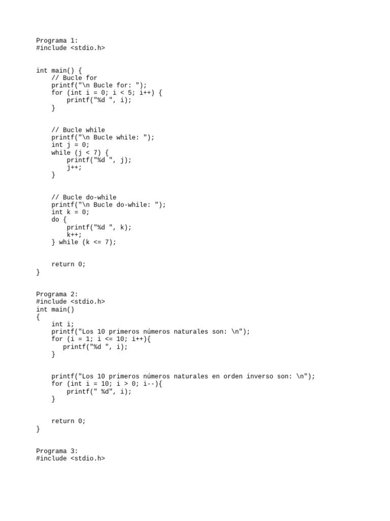 Ejemplos de Programación en C: Bucles y Funciones | PDF | Flujo de control | Informática