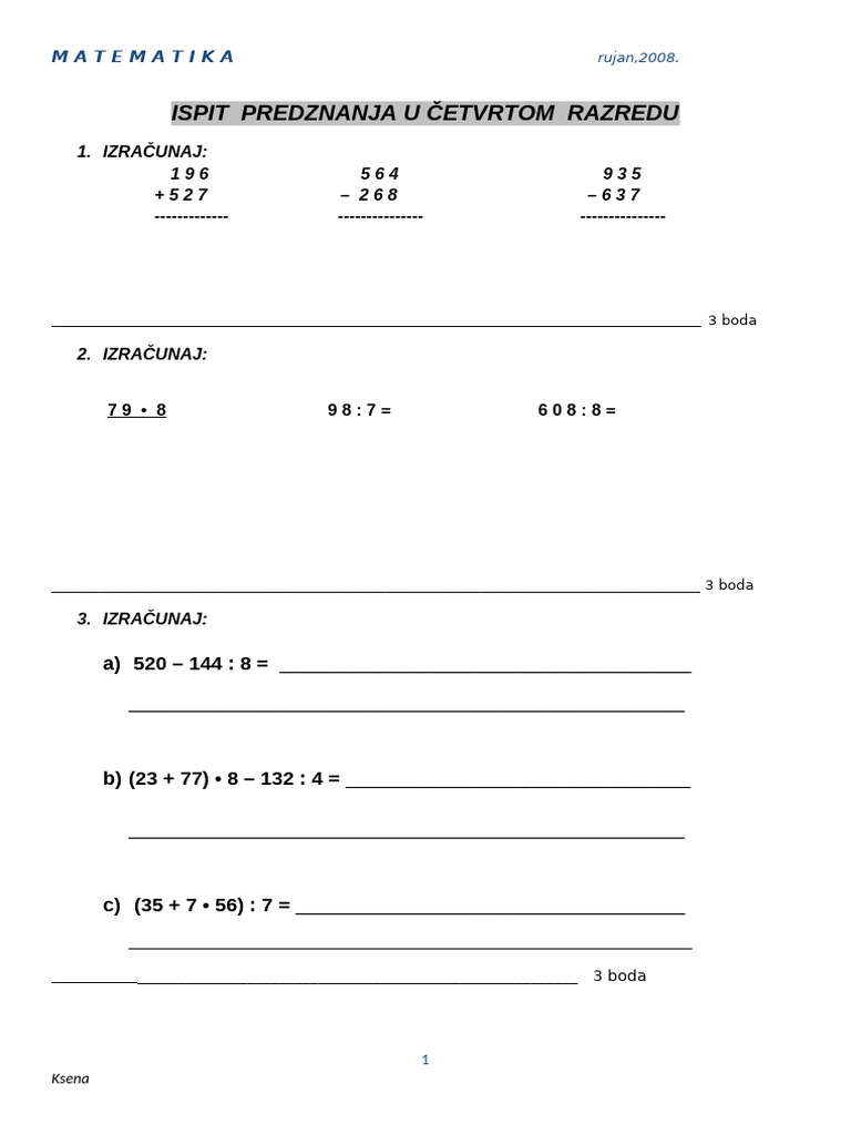 Ispit Predznanja U Cetvrtom Razredu-Mat - Ksena | PDF