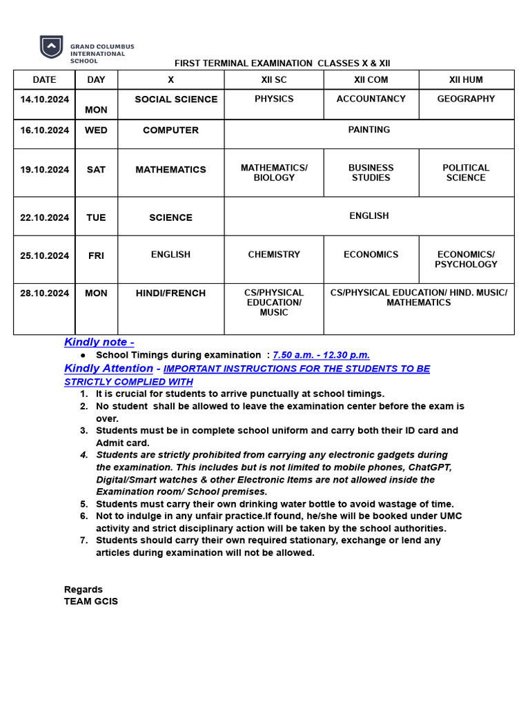 X & Xii - First Terminal Examination - 2024 | PDF