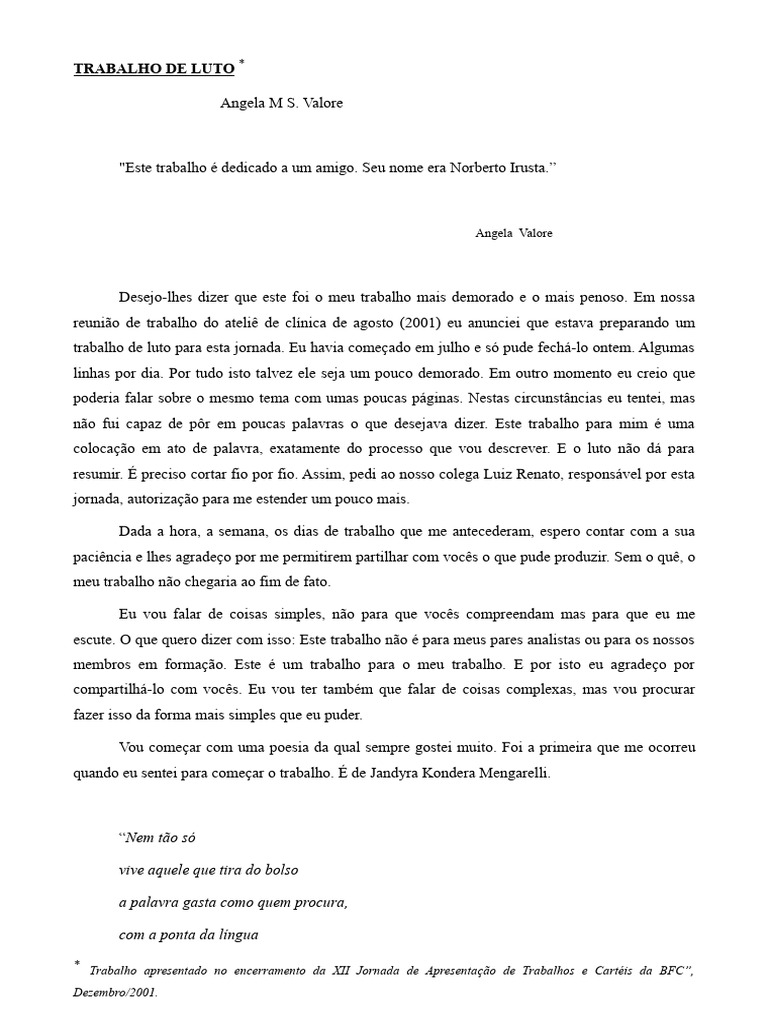 Trabalho de Luto | PDF | Jacques Lacan | Sigmund Freud