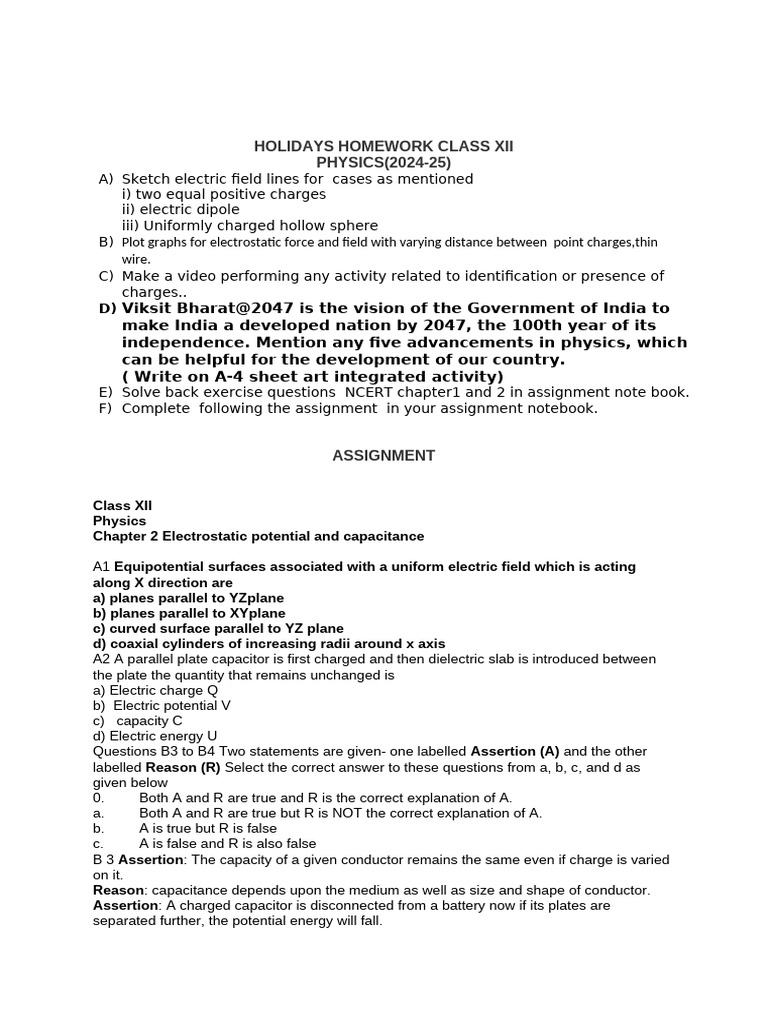 HHW Physics Xii 2024-25 | PDF | Capacitance | Capacitor