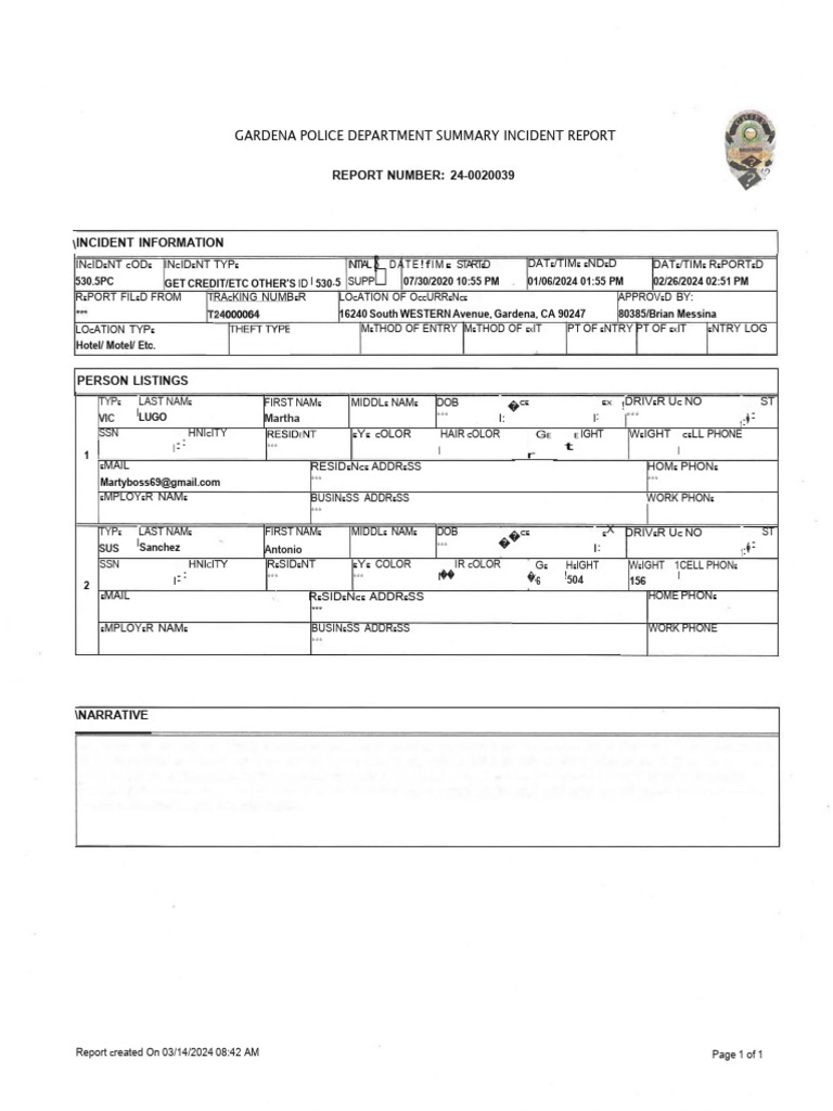 Gardena Police Incident Report 24-0020039 | PDF