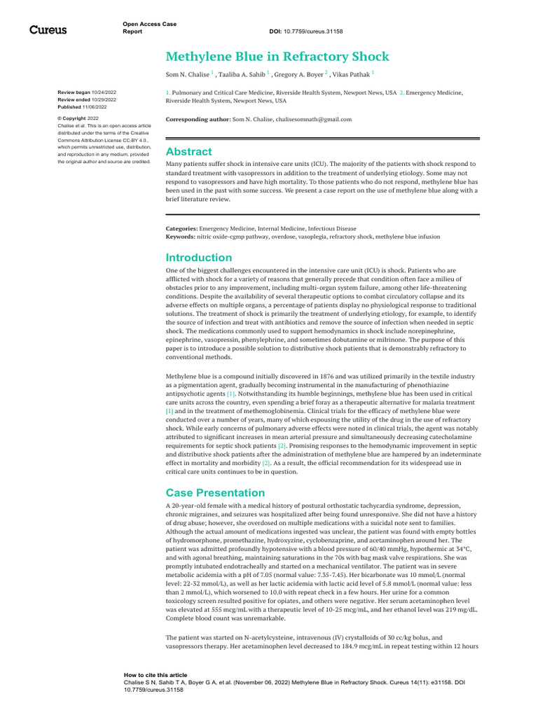 Methylene Blue in Refractory Shock | PDF | Sepsis | Shock (Circulatory)