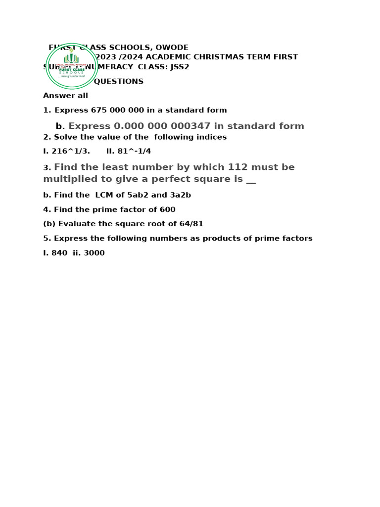 Maths jss2 First C.A | PDF