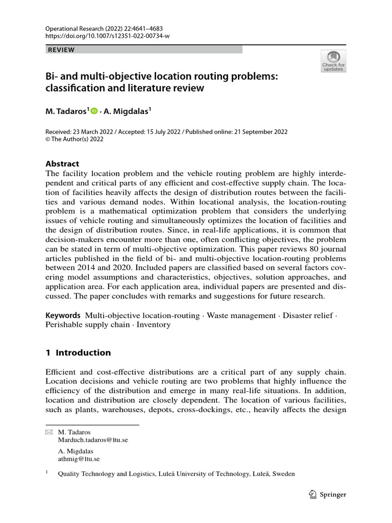 Bi and Multi Objective Location Routing Problems: Classification and Literature Review | PDF ...