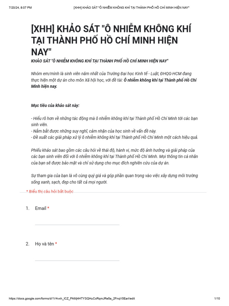 (Xhh) Khảo Sát - ô Nhiễm Không Khí Tại Thành Phố Hồ Chí Minh - - Google Biểu Mẫu | PDF