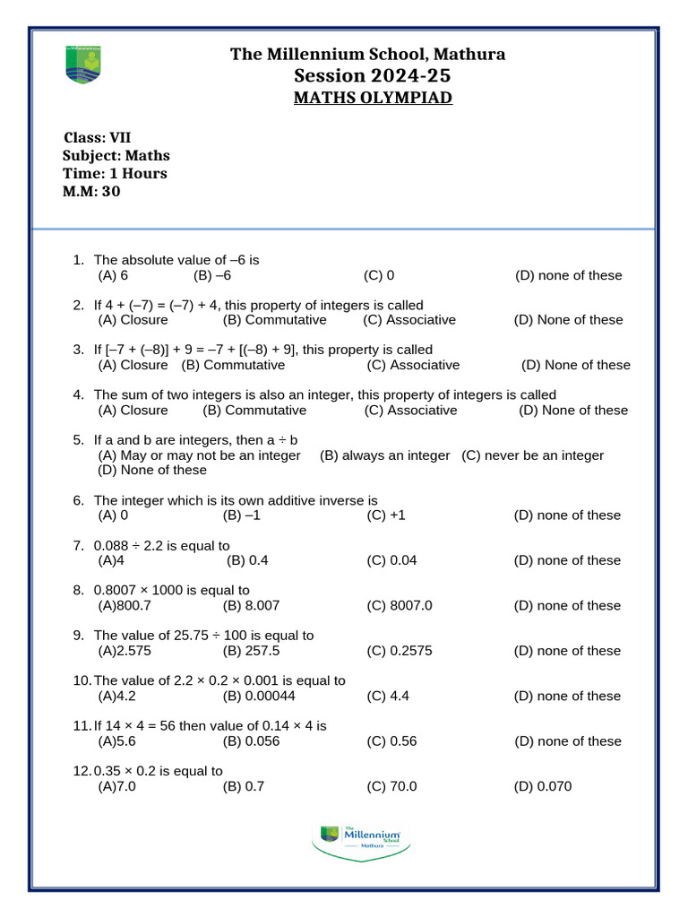 Maths Olympiad 2024-25 Class Vii | PDF | Mathematics | Arithmetic