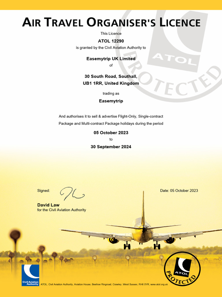 ATOL Certificate for Easemytrip UK | PDF