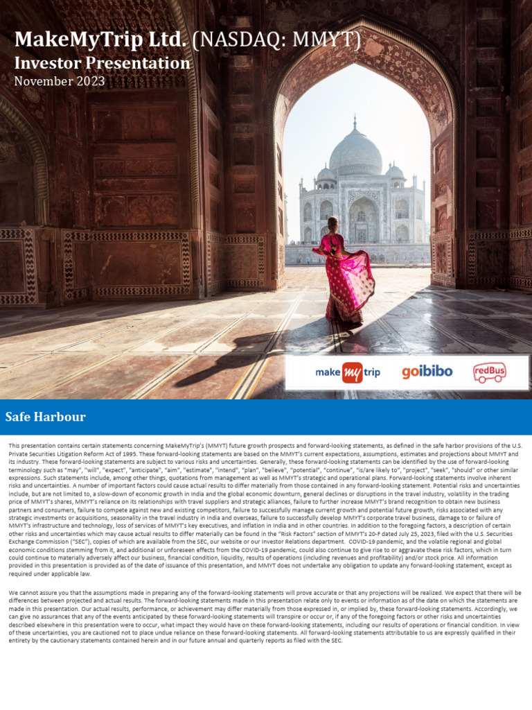 Makemytrip Ltd. (Nasdaq: Mmyt) : Investor Presentation | PDF | Risk | Brand
