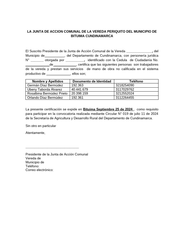 Modelo Certificacion Junta de Accion Comunal | PDF