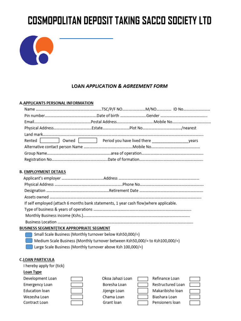 Cosmopolitan Deposit Taking Sacco Society LTD Loan Form 2023 | PDF ...