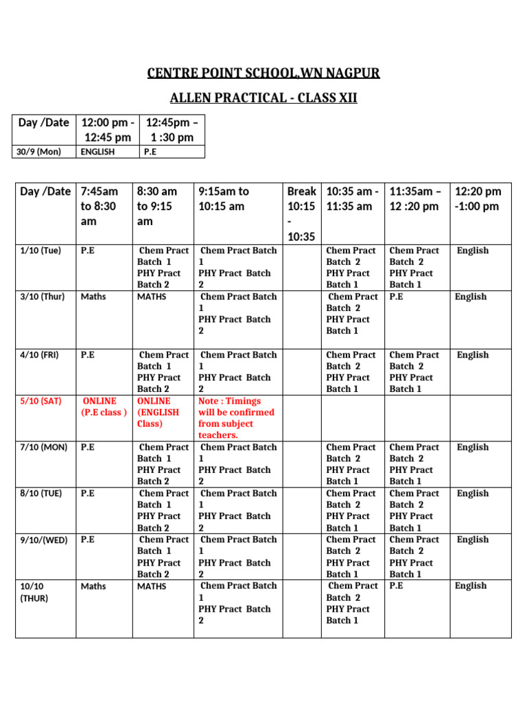 Allen Class 12 Pract Time Table | PDF | Wellness | Science & Mathematics