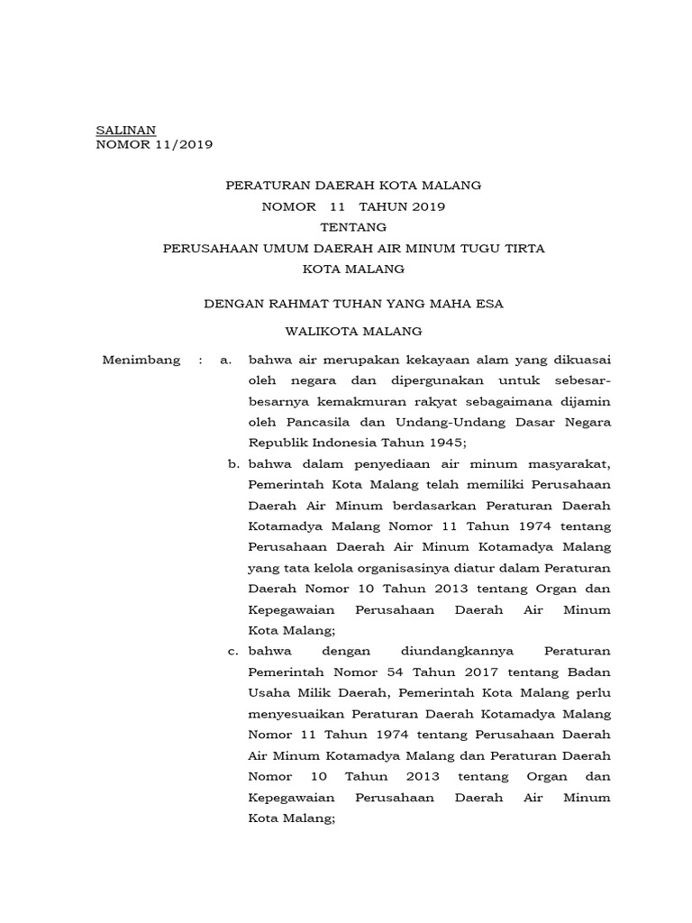 Salinan Perda 11 Tahun 2019 Tentang Perusahaan Umum Daerah Air Minum Tugu Tirta Kota Malang | PDF