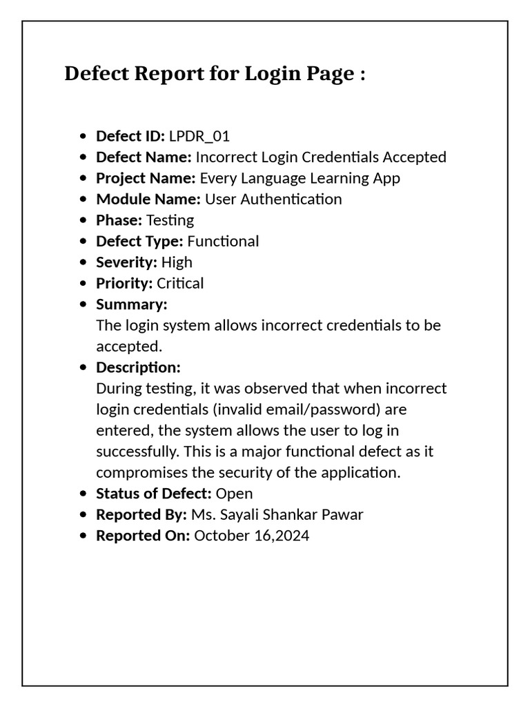 High Severity Login Issue Report | PDF