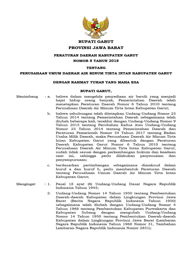 Perda 8 Tahun 2018 Tentang Perumda Pdam Tirta Intan | PDF