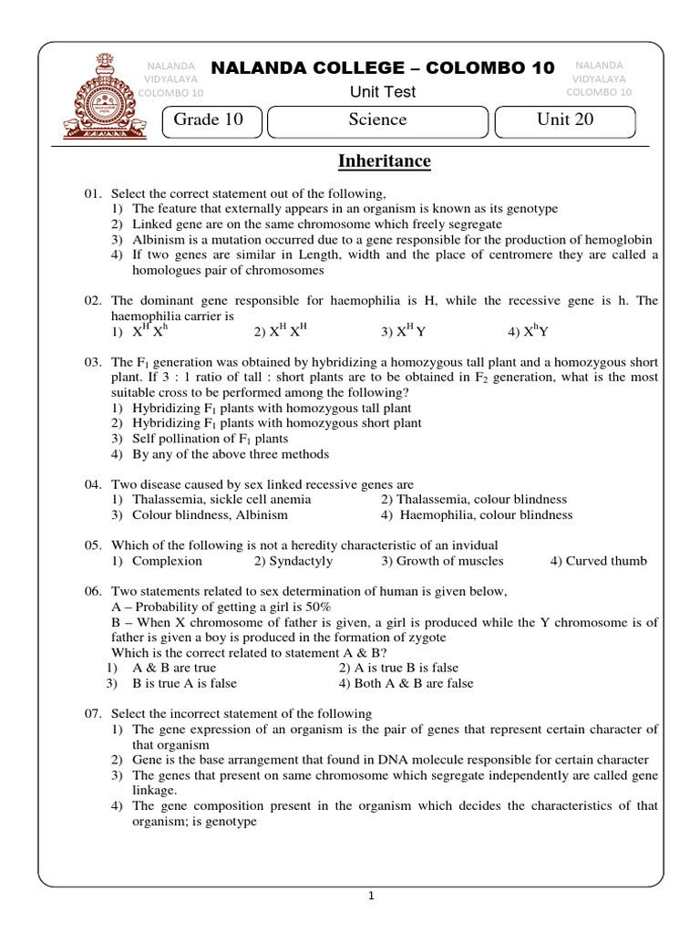 Grade 10 Genetics Inheritance Concepts | PDF | Zygosity | Dominance ...