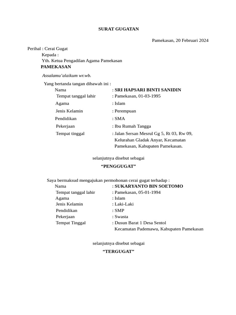 Surat Permohonan Cerai Gugat Pamekasan | PDF