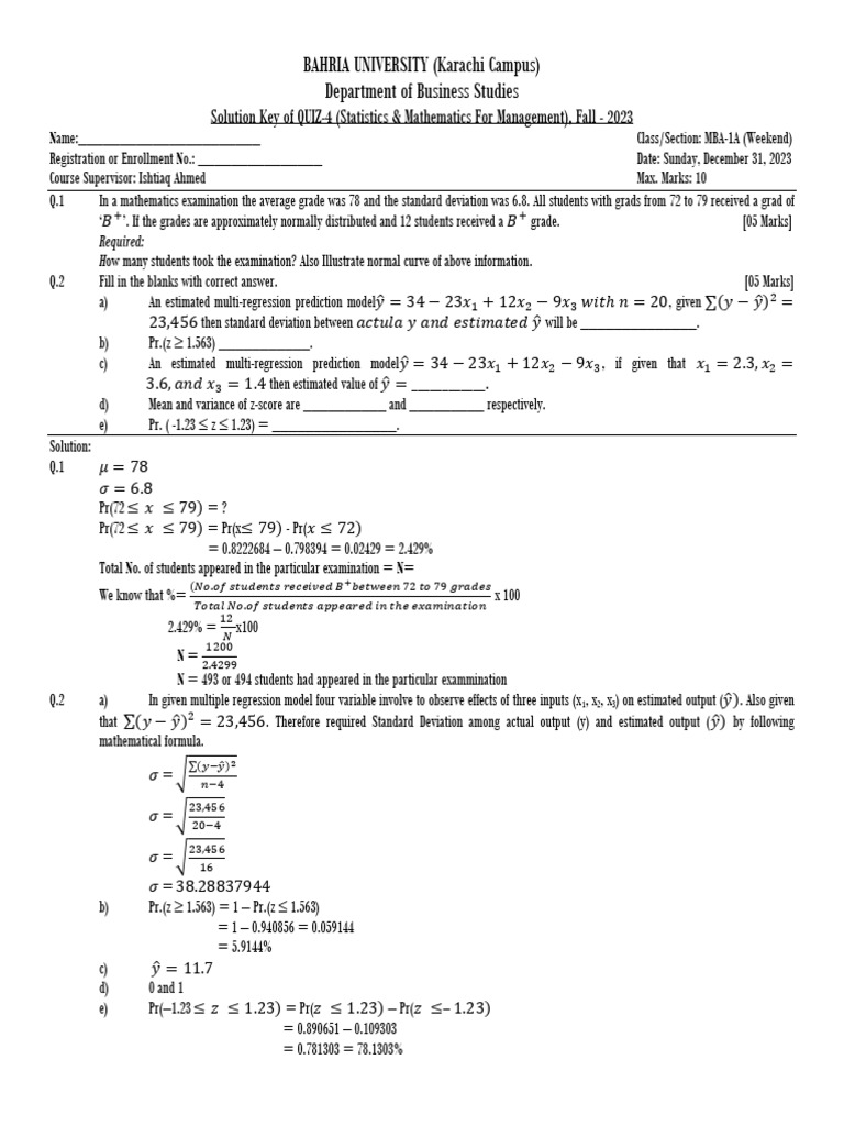 Solution of Quiz 4 Statistics - Mathematics For Management - Fall - 2023 01012024 124836pm | PDF ...