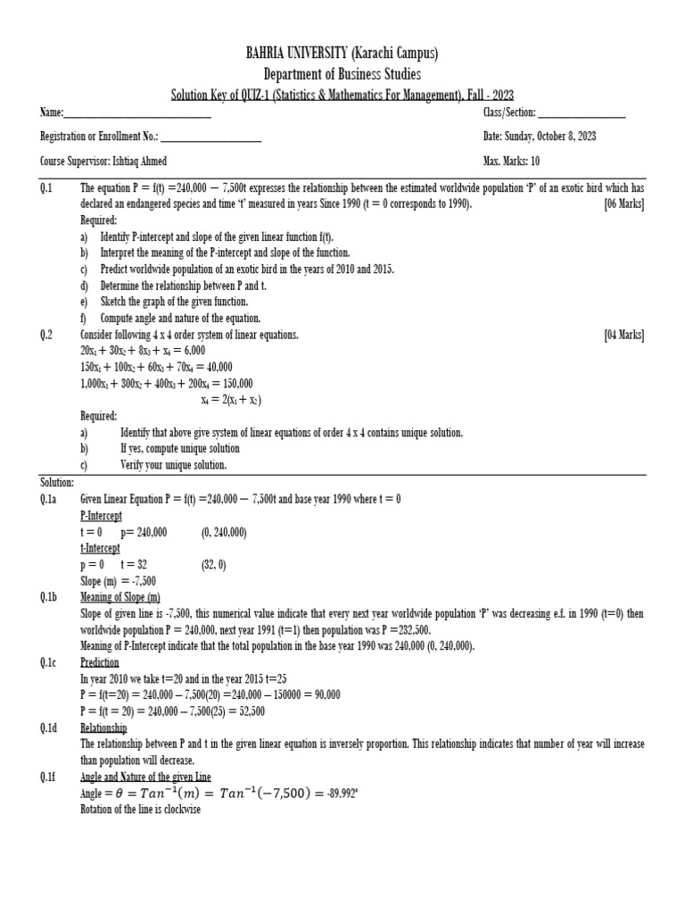 Solution of Quiz 1 Statistics - Mathematics For Management - Fall ...