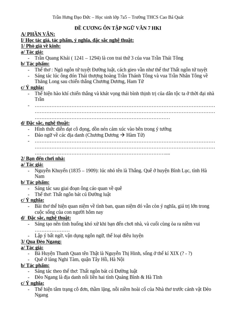 De Cuong On Tap Ngu Van 7 HKI | PDF