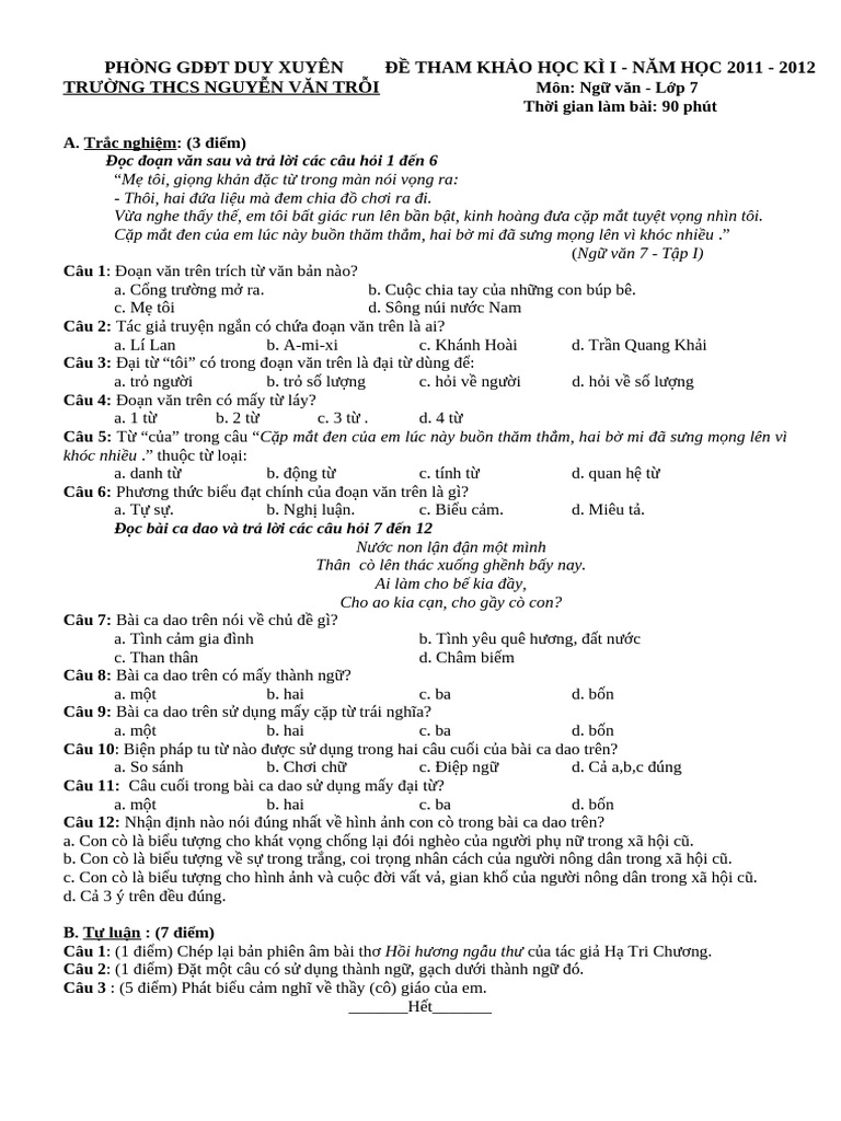Tham Khao Ngu Van 7 HK1 | PDF